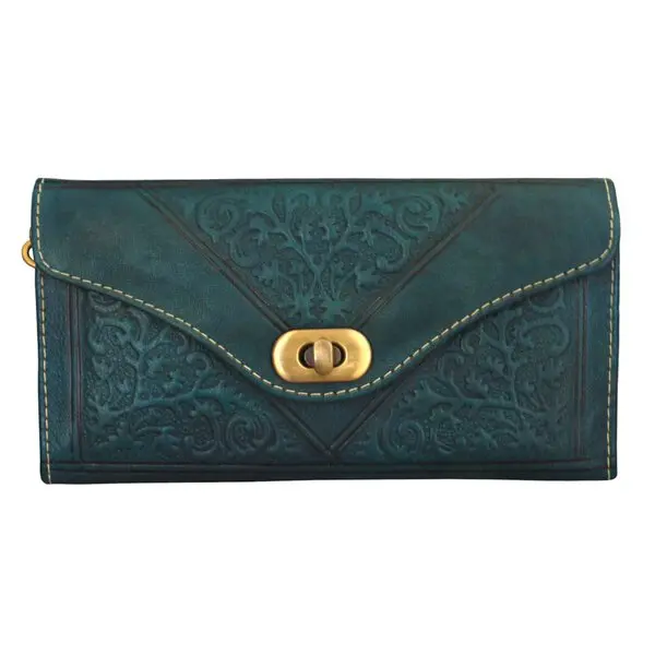 BERBER LEATHER Green / Blue Leather Tri-fold Purse Teal - Green/blue