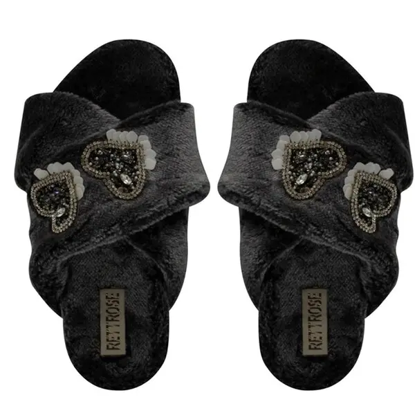 RETTROSE Katie Charcoal Luxury Plush Diamanté Heart Embellished Handmade Slipper - Grey