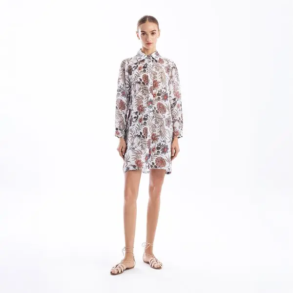 Haris Cotton Longline Printed Linen Blend Shirt With Long Sleeves Garden - White