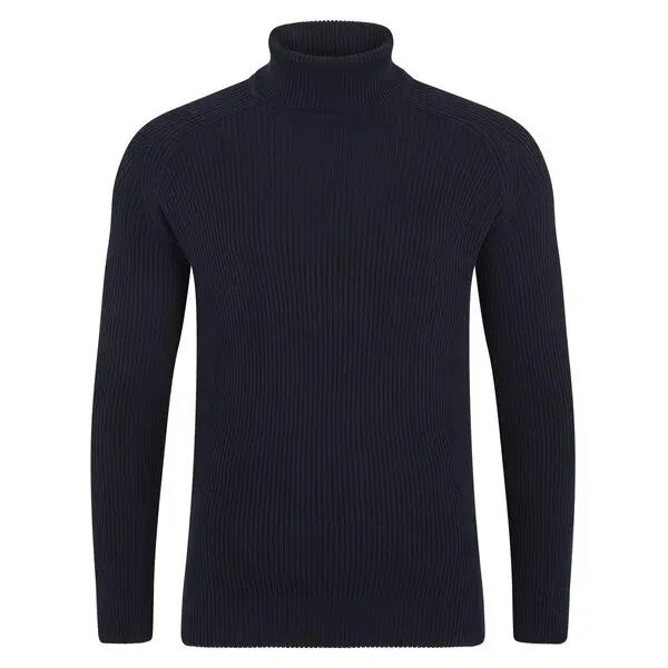 PAUL JAMES KNITWEAR Midweight Cotton Bernard Ribbed Roll Neck Jumper Navy - Blue
