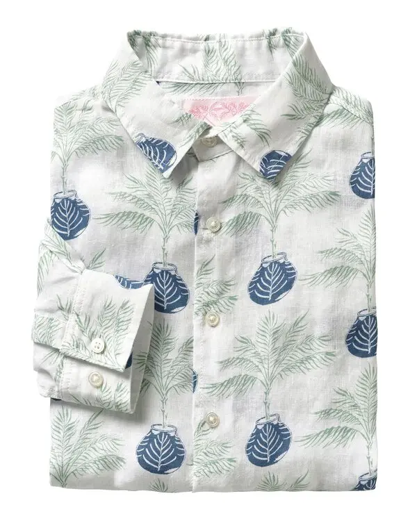 PINK HOUSE Linen Shirt Potted Palm Green And Navy - Blue
