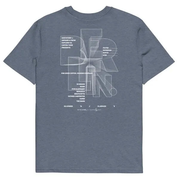 ANCHOR & CREW Heather Gustatory Berlin Coffee Scene Organic Cotton Embroidered T-shirt - Blue