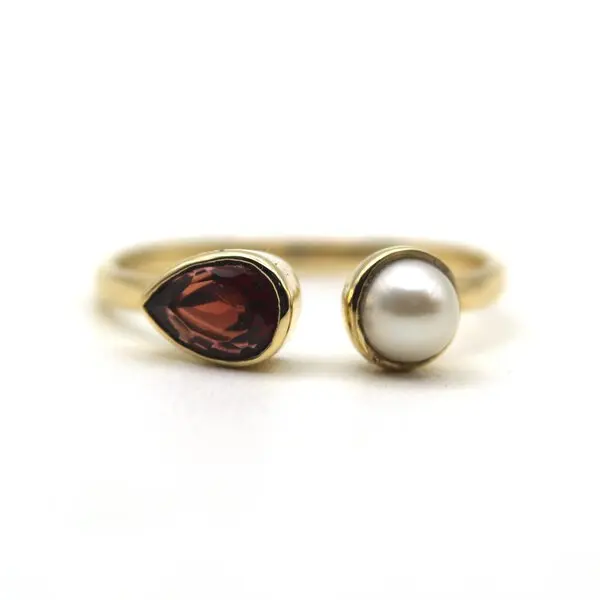 VICSTONENYC FINE JEWELRY Garnet And Pearl Yellow Open Cuff Ring - Gold