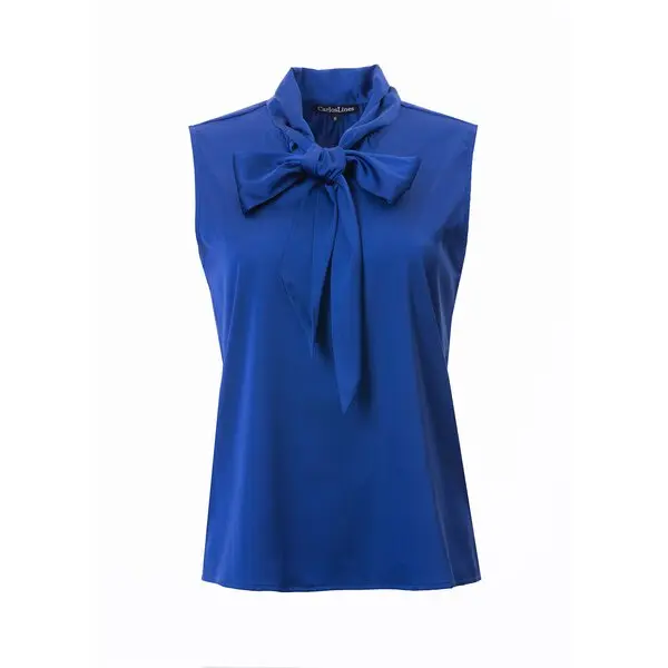 CARLOSLINES Bow Tie Sleeveless Blouse In Cobalt Solid - Blue