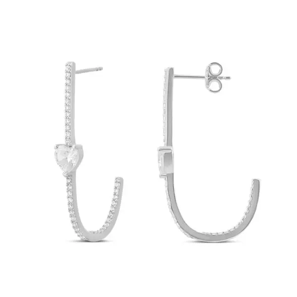 SHYMI Solitaire Heart Pave J Hoop Earrings - Silver