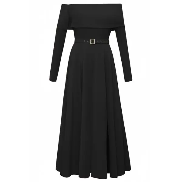 ALINA CERNATESCU Melira Classic Midi Off The Shoulder Flared Dress With Leg Slit - Black