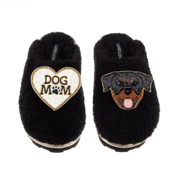 LAINES LONDON Teddy Closed Toe Slippers With Dog Mum / Mom & Rottweiler Brooches - Black