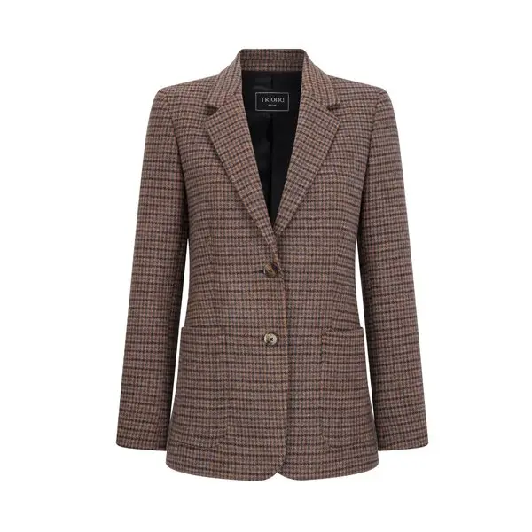 TRIONA Houndstooth Una Patch Pocket Tweed Jacket - Brown