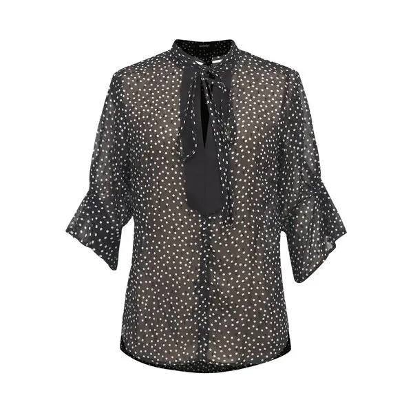 SMART AND JOY Polka Dots Tulip Sleeves Chiffon Blouse - Black
