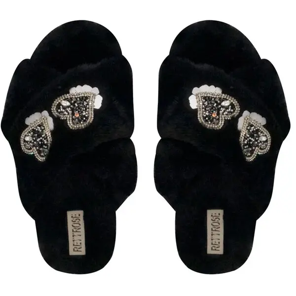 RETTROSE Katie Luxury Plush Diamanté Heart Embellished Handmade Slipper - Black