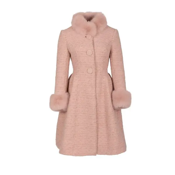 SANTINNI Starlet' Wool Tweed Dress Coat With Faux Fur In Rosa - Pink