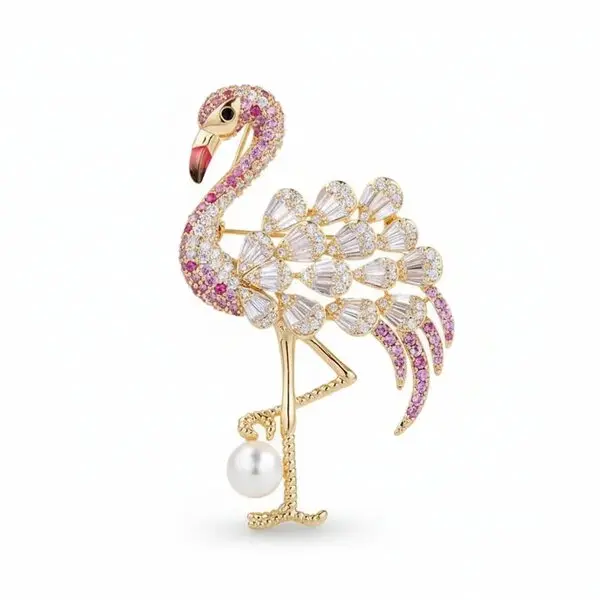 ANGEL BAROCCO Graceful Flamingo Freshwater Pearl Brooch - Gold