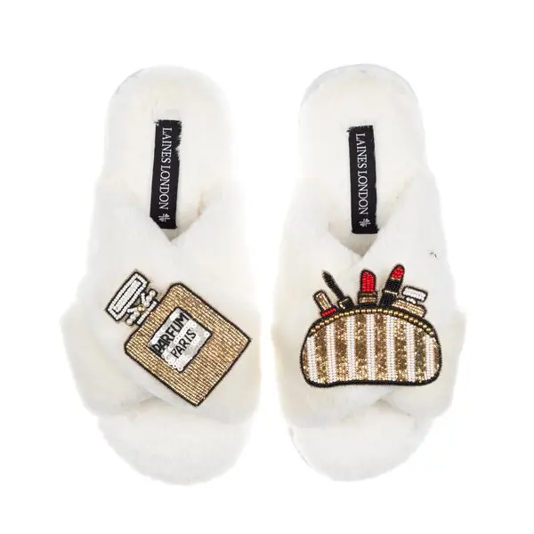 LAINES LONDON Neutrals Classic Laines Slippers With Beauty Bag & Perfume Brooches Cream - White