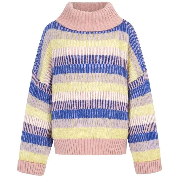CARA & THE SKY Blue / Pink Tasha Oversized Balloon Sleeve Stripe Roll Neck Jumper Pink - Blue/pink