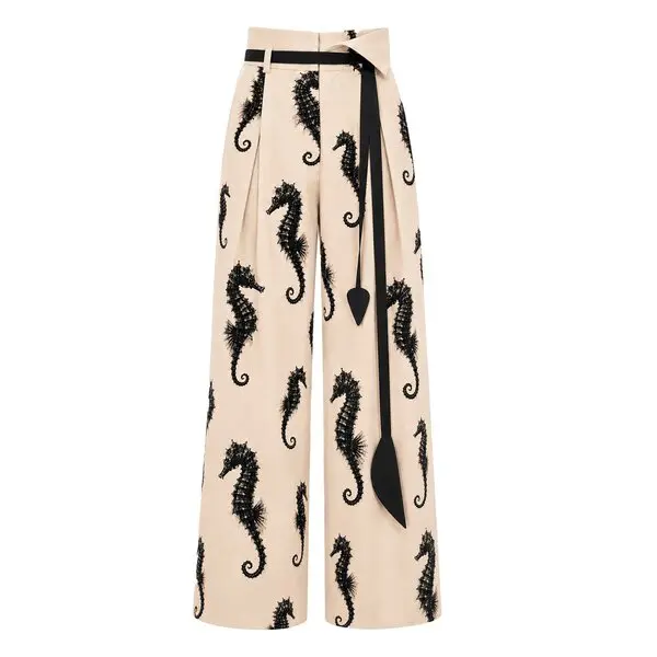 JULIA ALLERT Neutrals Light Seahorse Print Wide Leg Trousers With Belt - Beige