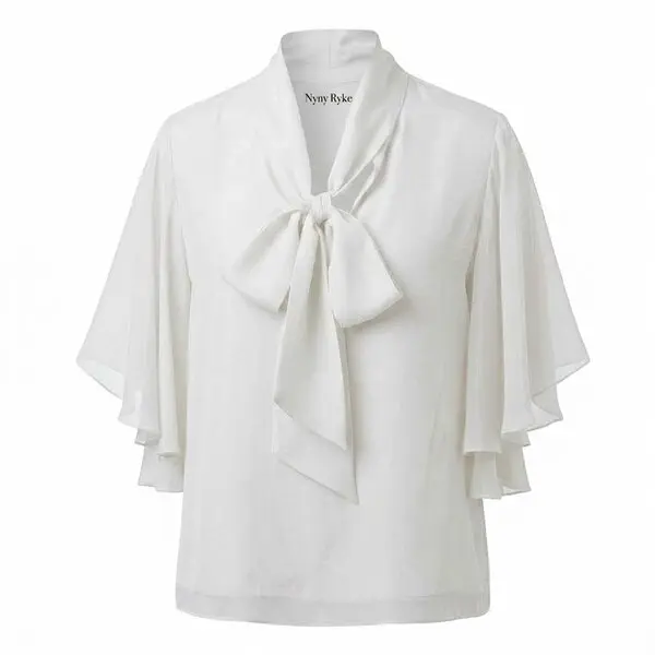 NYNY RYKE Ada, Bow Tie Silk Blouse, Sophisticated Day-to-evening Top - White
