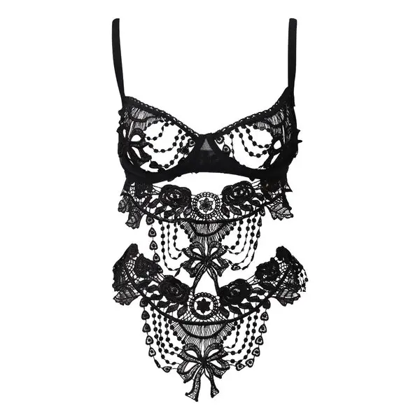 BELLE ET BON BON Bisoux Venetian Lace Long Line Bra Body Add Bra Checkout - Black