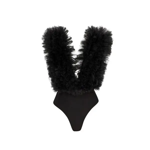 LIA ARAM Signature Ruffled Tulle Bodysuit - Black