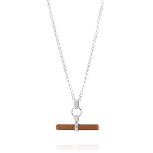 NELLOU JEWELLERY Brown / Silver Tiger Eye T Bar Necklace Sterling Silver - Brown/silver