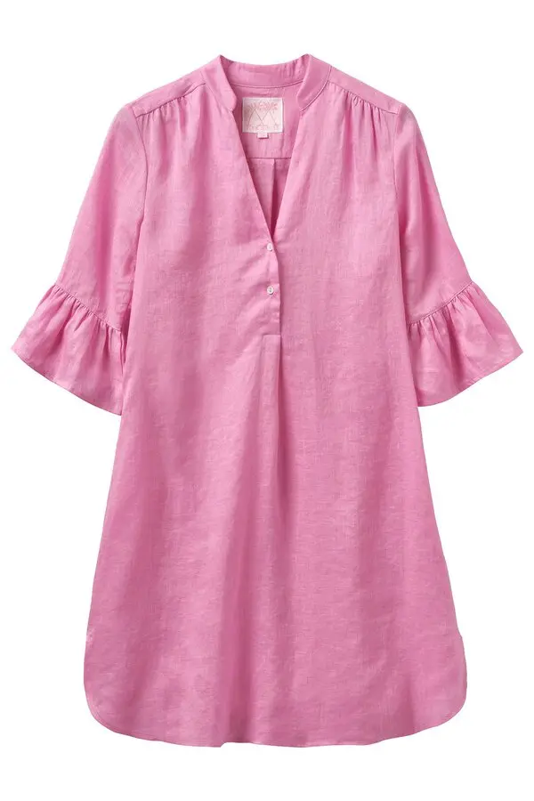 PINK HOUSE Linen Decima Dress With Frilled Cuff Plain Fuchsia - Pink