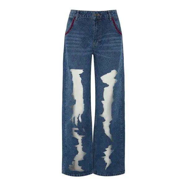 LIMAR Distressed Wide Leg Sheer Panel Embroidered Denim Jeans - Blue