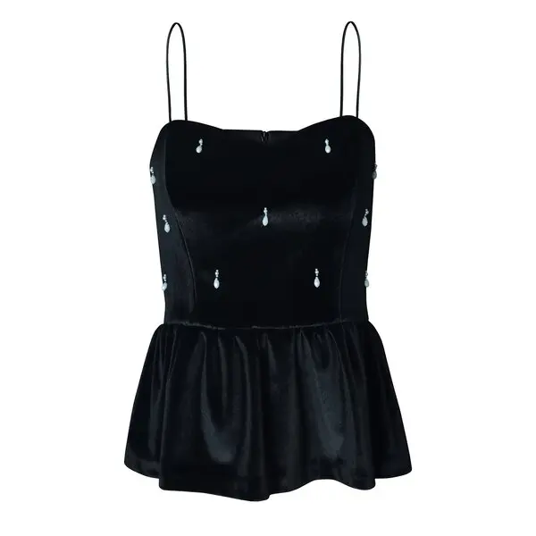 2KSTYLE Valencia Hand-embellished Event Velvet Peplum Top - Black