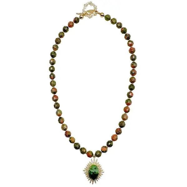 FARRA Brown / Green Unakite Gemstone With Epidote Pendant Necklace - Brown/green