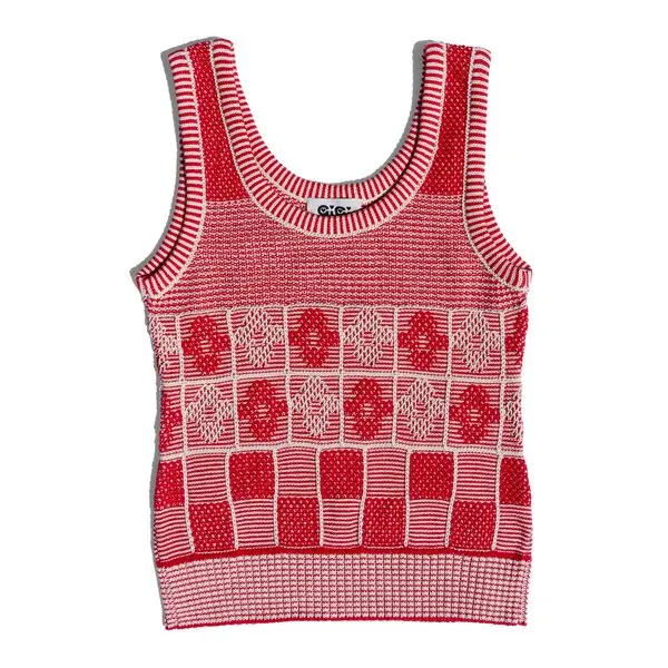 GIGI KNITWEAR Lila Flower Check Tanktop, & Natural - Red