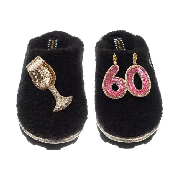 LAINES LONDON Teddy Closed Toe Slippers With 60th Birthday & Champagne Glass Brooches - Black
