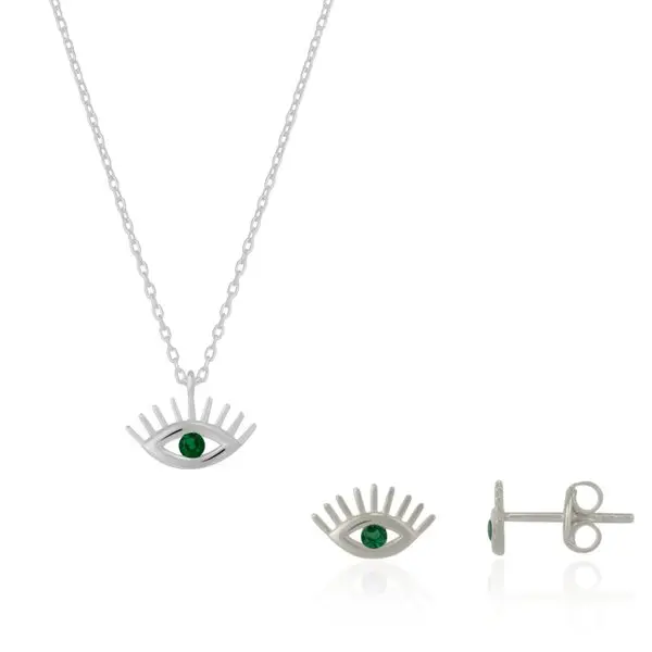 SPERO LONDON Emerald Eye Evil Eye Sterling Necklace & Stud Earring Set - Silver