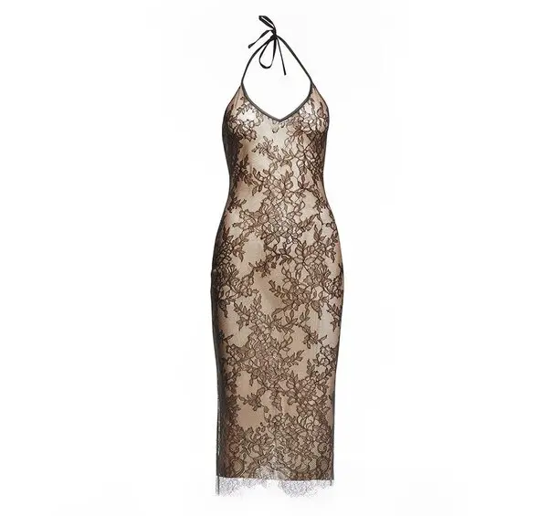 MAISON SEL Lace Spaghetti Strap Bodycon Dress With An Inlining - Black