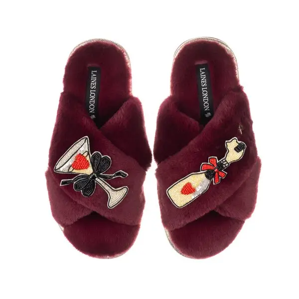 LAINES LONDON Red / Gold Classic Laines Slippers With Popping Champagne Brooches Limited Edition Burgundy - Red/gold