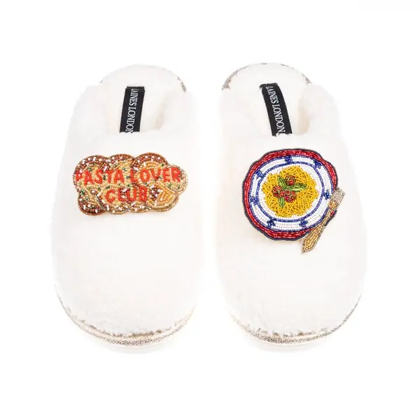 LAINES LONDON Laines X Juliet Closed Toe Slippers With Pasta Lover Club Brooches Cream - White