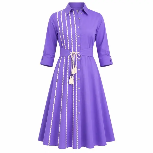 IZABELA MANDOIU Premium Lavender Cotton Shirt Dress With Contrast Ric Rac Detailing & Tassel Waist Tie - Purple