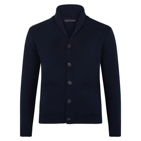 PAUL JAMES KNITWEAR Midweight Cotton Shawl Collar Sebastian Cardigan Navy - Blue