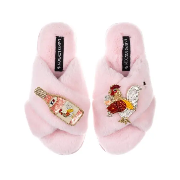 LAINES LONDON Classic Faux Fur Slippers With Embellished Chicken & Wine Brooches - Pink