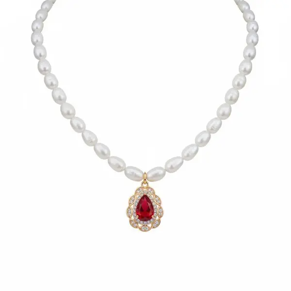 ANGEL BAROCCO Freshwater Pearl Necklace With Teardrop Gemstone - Red