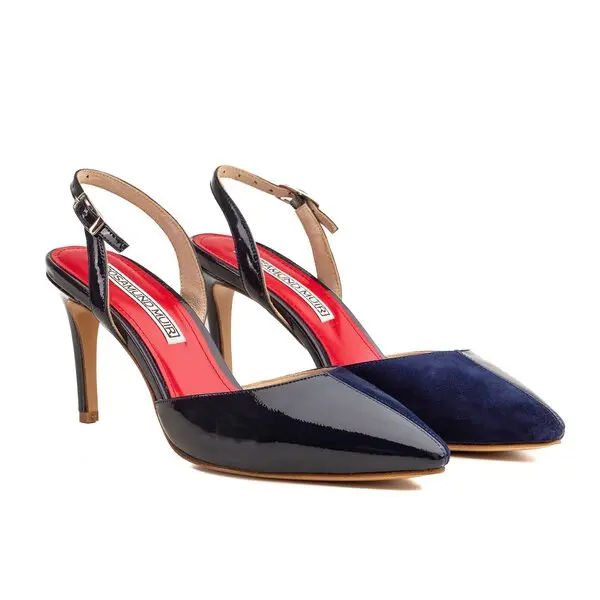 ROSAMUND MUIR LONDON Augusta Navy Duo-texture Slingback Heels - Blue