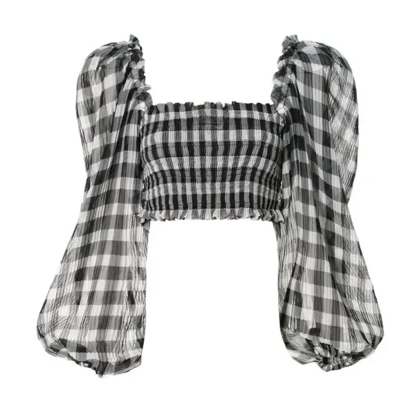 AGGI BY HALEWSKI Car Vichy Puffed Sleeved Crop Top - Black