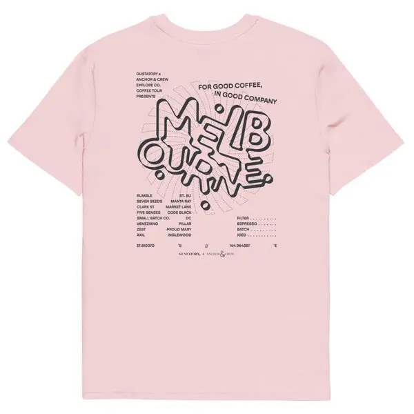 ANCHOR & CREW Cotton Gustatory Melbourne Coffee Scene Organic Cotton Embroidered T-shirt - Pink