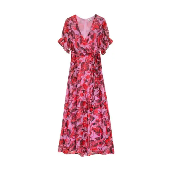 NIZA Floral Print V-neck Jumpsuit With Belt - Pink