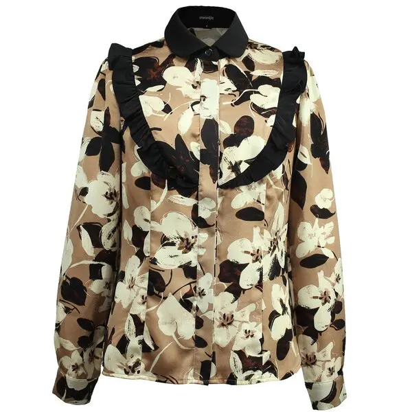 SMART AND JOY Ruffle Macro Flower Print Shirt Beige