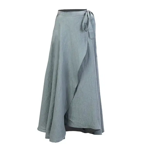 NIKKA PLACE Summer Beach Linen Wrap Skirt With Tie In Dusty - Blue