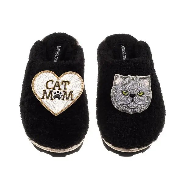 LAINES LONDON Teddy Closed Toe Slippers With Cat Mum/mom & Grey Persian Cat Brooches - Black