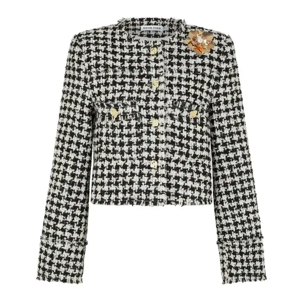 SOUR FIGS Black / White Brooch-detail Bouclé Tweed Jacket In Black & White Houndstooth - Black/white