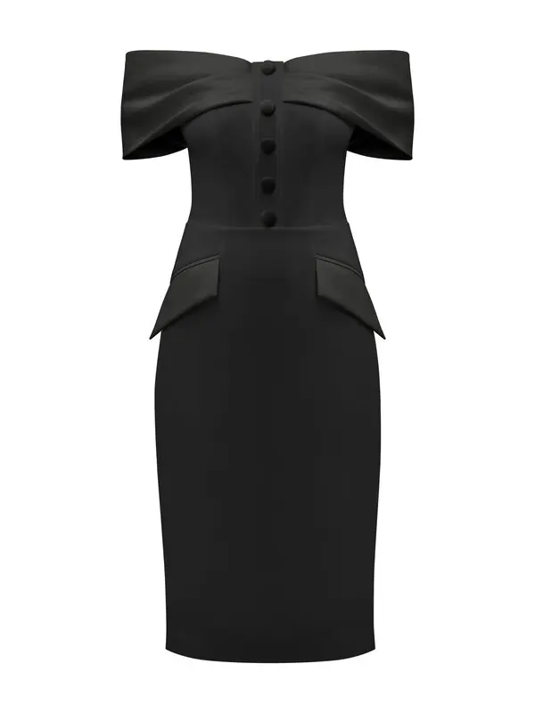 TIA DORRAINE Steel Confidence Off-shoulder Fitted Midi Dress - Black