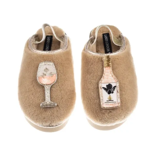 LAINES LONDON Brown / Gold / Neutrals Flatform Cloud Closed Toe Slippers With Angelic Rose Wine Brooches Toffee - Brown/gold