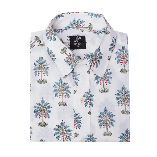 WILD ROSE Mtende Hand Block Print Cotton Long Sleeved Floral Shirt - White
