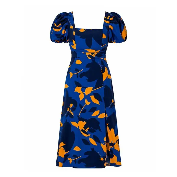 GIRL IN MIND Shanice Cobalt & Orange Floral Square Neck Midi Dress - Blue
