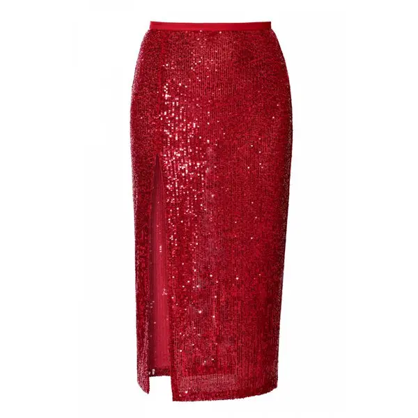 AGGI BY HALEWSKI Zuza Sparkle Sequin Midi Skirt With Slit - Red
